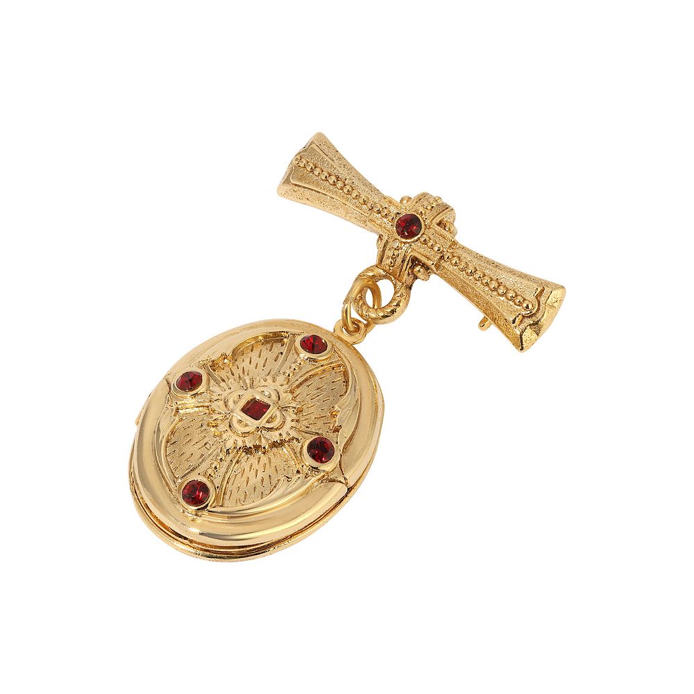 Symbols of Faith Gold Tone Garnet Cross Locket Pin