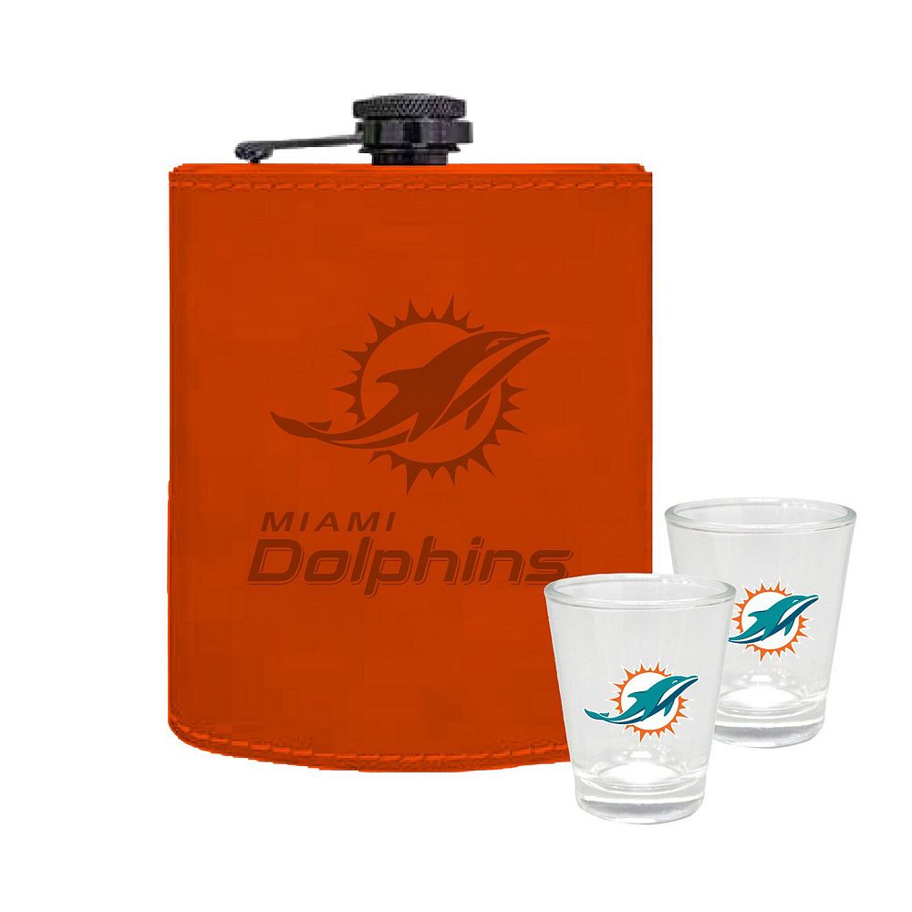 The Memory Company Miami Dolphins Three-Pack 8oz. Leather Flask & 2oz ...