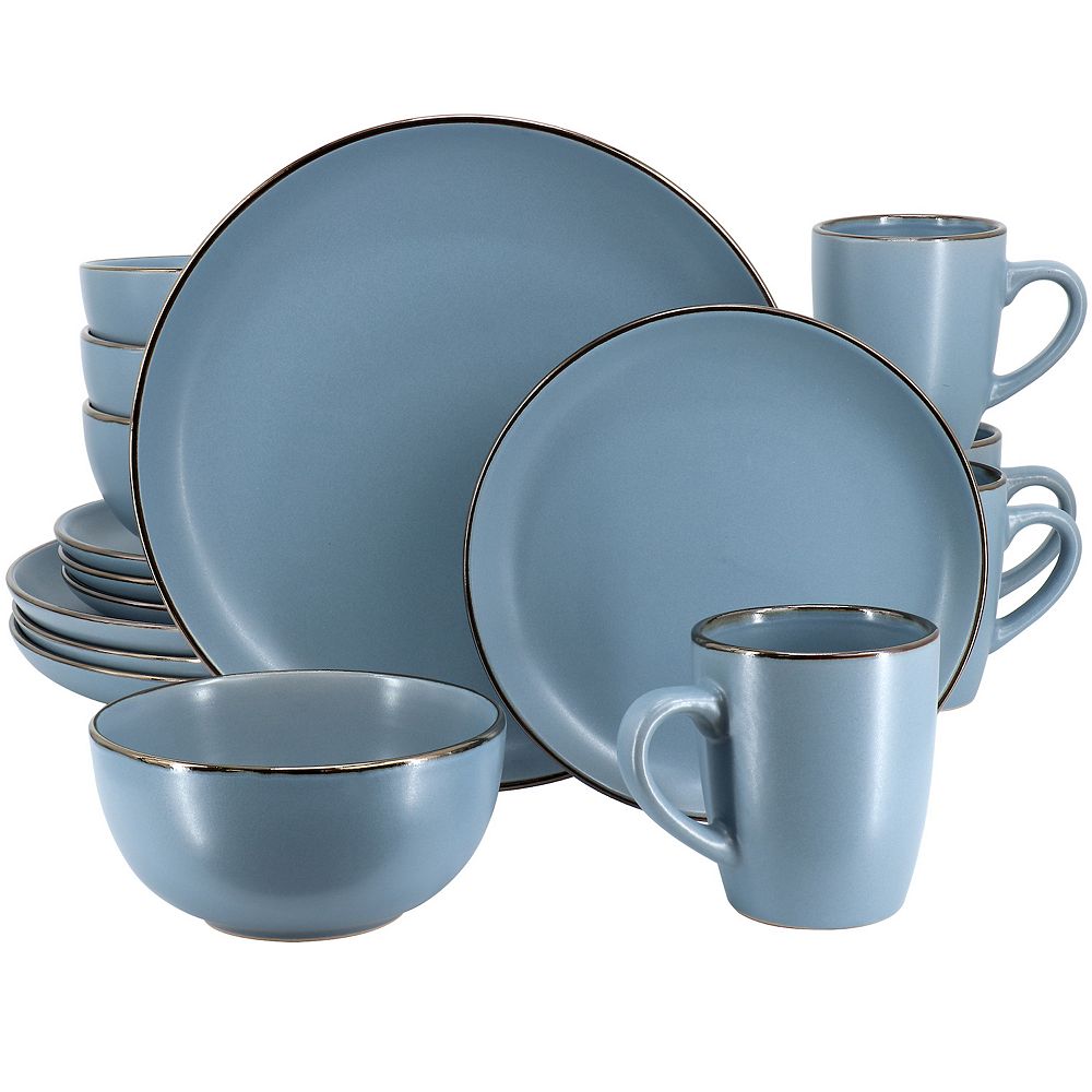 16 Piece Stoneware Metallic Rim Dinnerware Set in Matte Blue