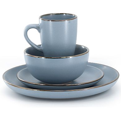 16 Piece Stoneware Metallic Rim Dinnerware Set in Matte Blue