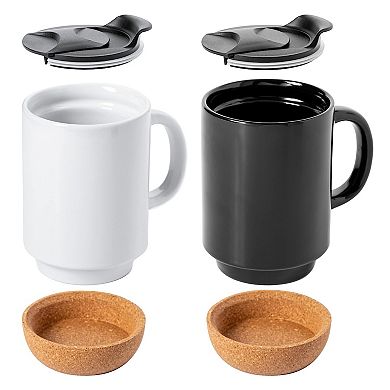 4 Piece 16.5 Ounce Stoneware Travel Mug Set with Lid and Cork Base