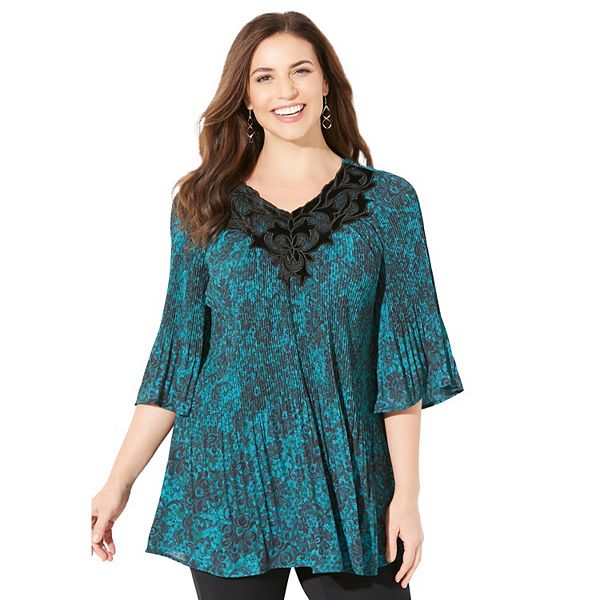 Catherines Women's Plus Size Velvet Trim Pleated Blouse