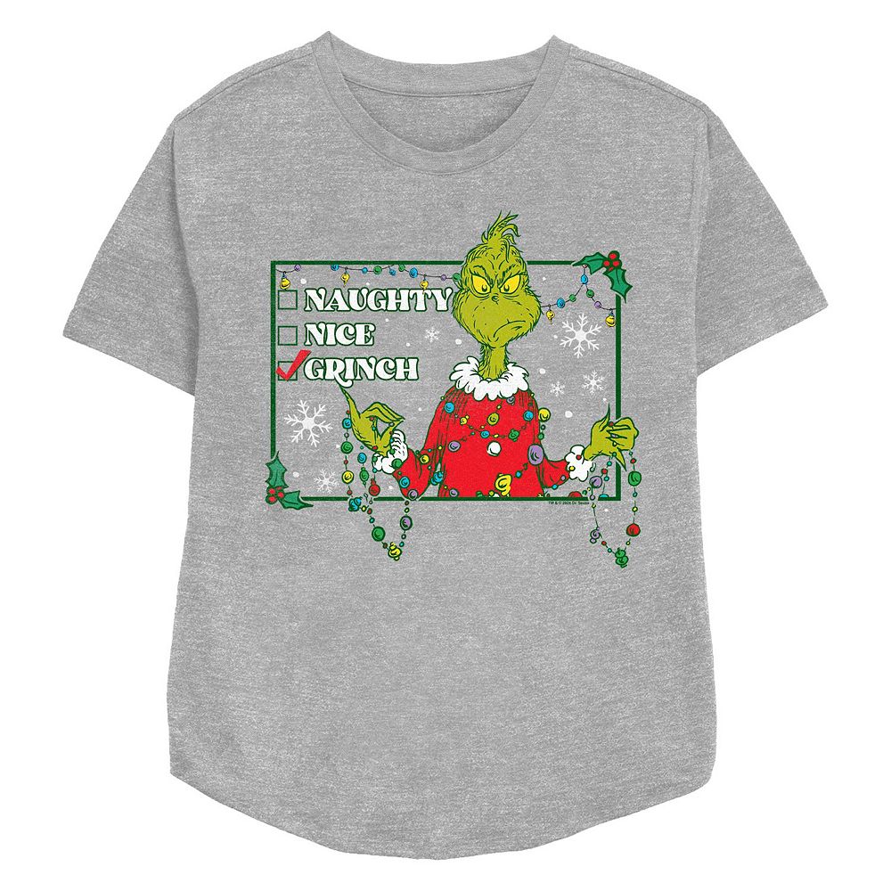 Women's Dr. Seuss Grinch Naughty Or Nice Checklist Relaxed Fit Graphic Tee