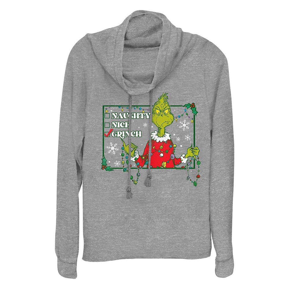 Women's Dr. Seuss Grinch Naughty Or Nice Checklist Cowlneck Graphic ...