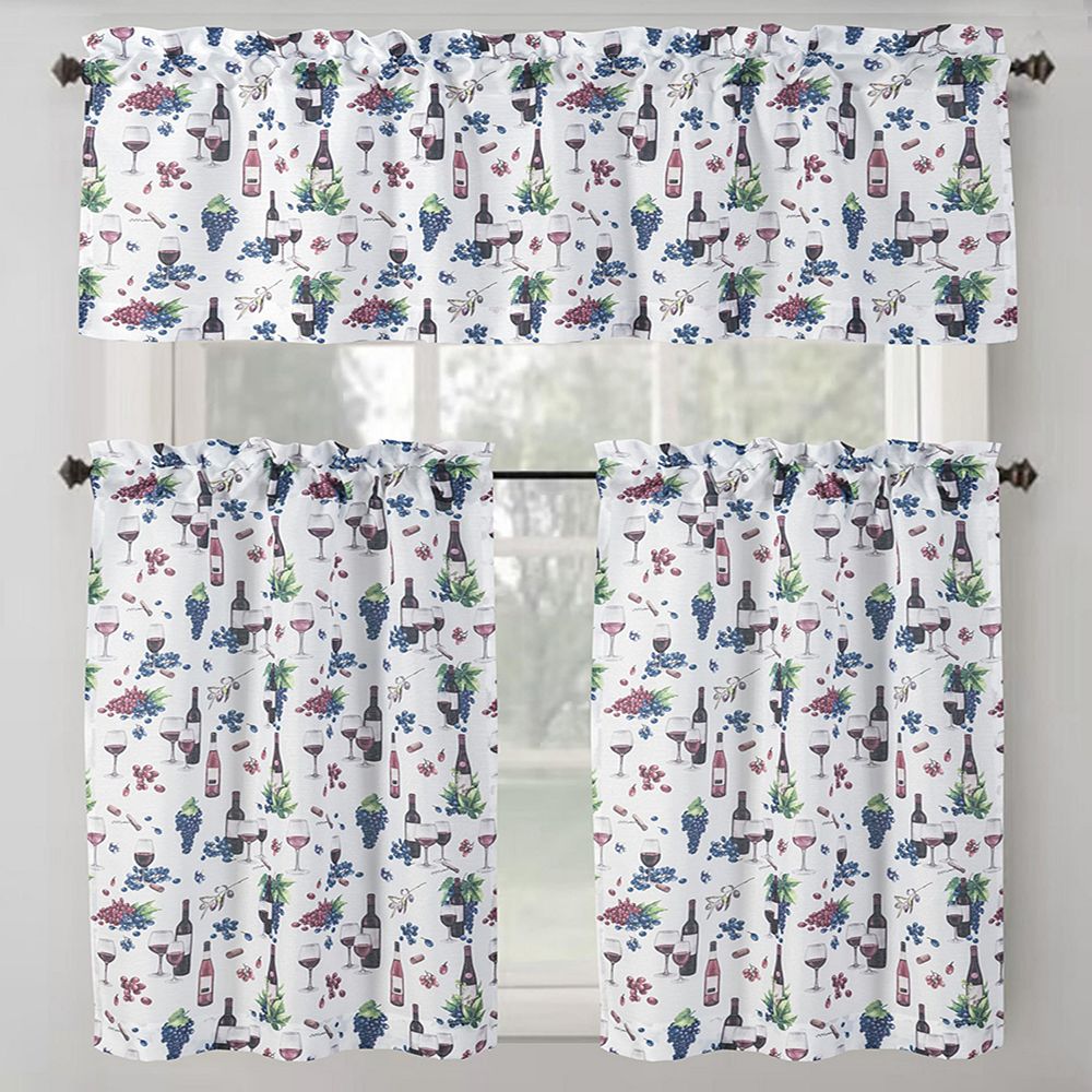 Tribeca Wine Printed Slub 3 Pieces Kitchen Curtain Set