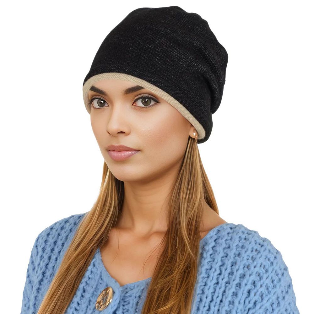 Comfy Warm Winter Knit Slouchy Beanie Hat Double Color Roll Up Edge Ski ...