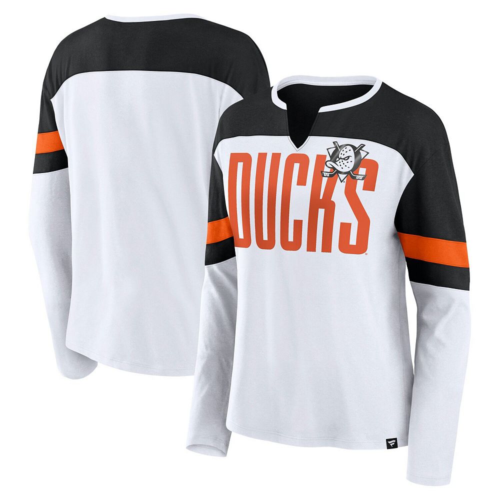 Women's Fanatics White/Black Anaheim Ducks Frozen Long Sleeve Notch ...
