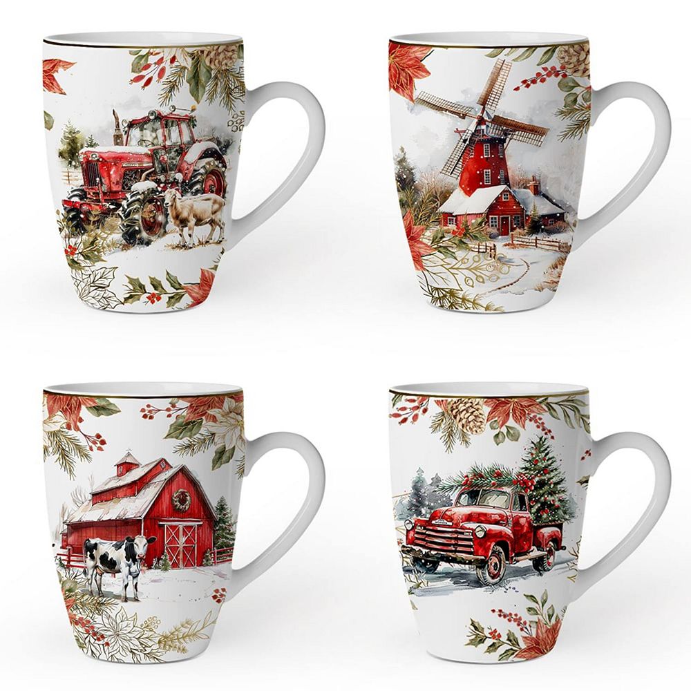 Fancy Farmhouse Holiday Set of 4 Ceramic Mugs with Real Gold Trim ...