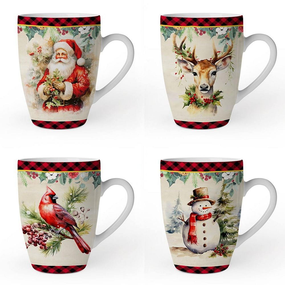 Festive Country Plaid Set of 4 Ceramic Mugs with Real Gold Trim ...