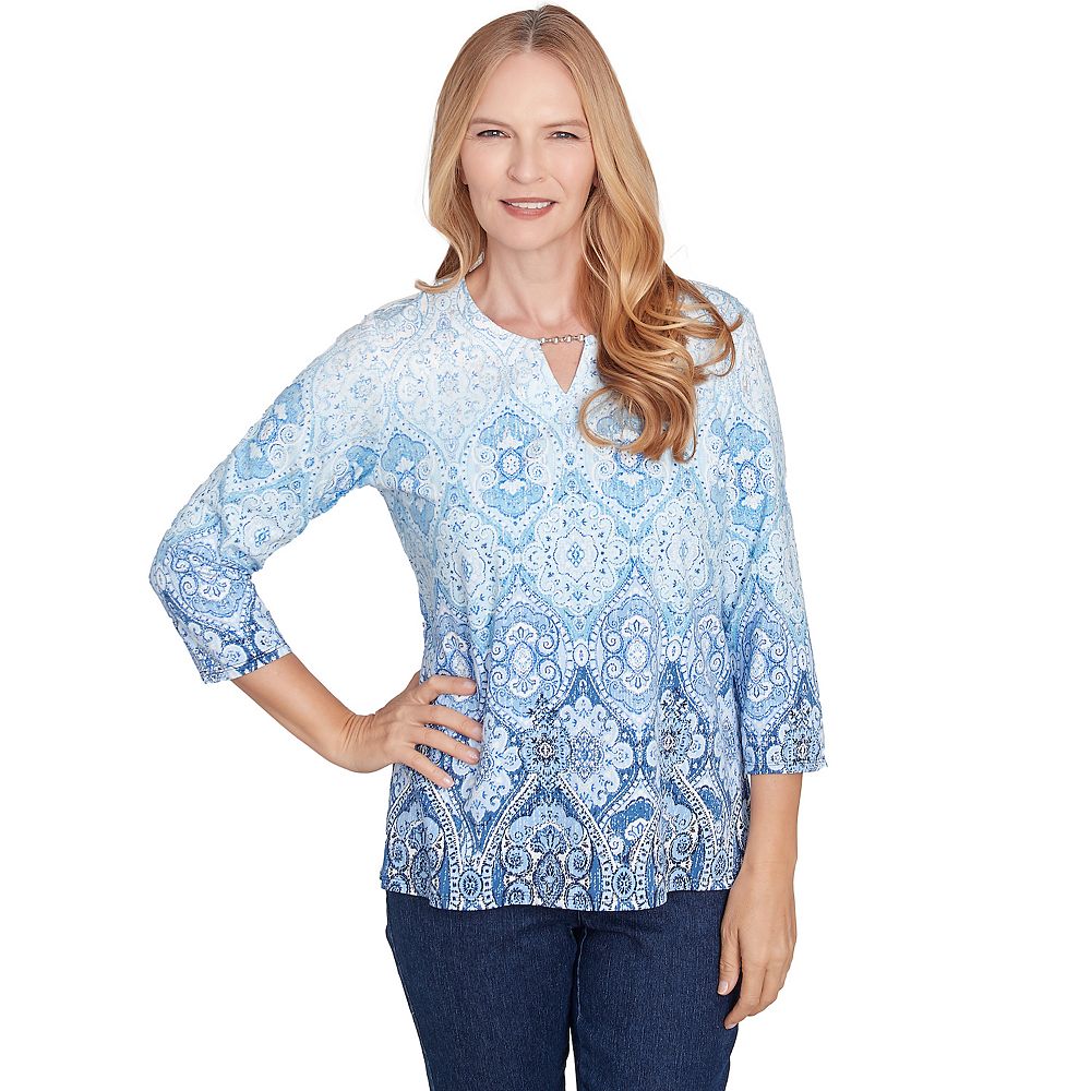 Women's Alfred Dunner Split Beaded Neck Ombre Medallion Top