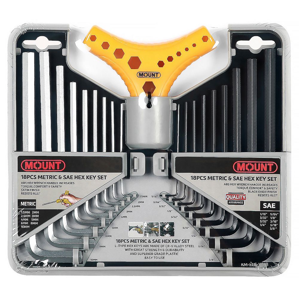 Mount 18PCS Long Arm Hex Key Allen Wrench Set, Metric/SAE