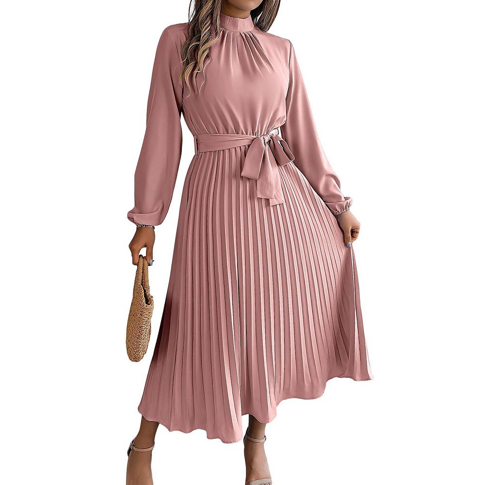 Womens Casual Mock Neck Long Lantern Sleeve Smocked Swing Pleat Party Mixi Dress with Waist Band