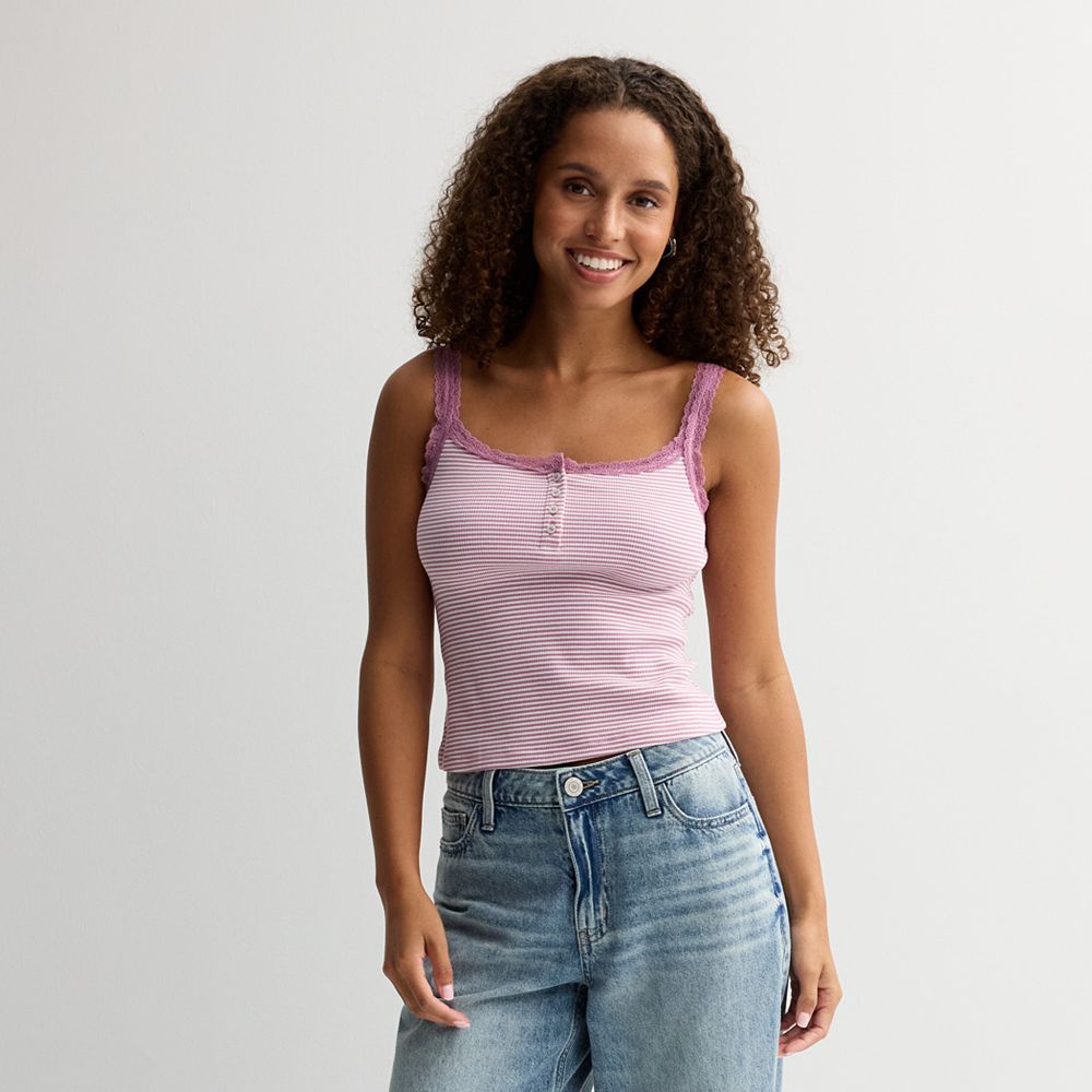 Juniors' SO® Lace Trim Henley Cami