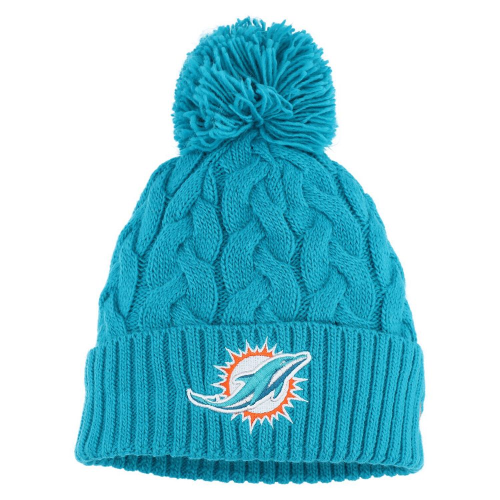 Girls Youth New Era Aqua Miami Dolphins Cabled Cuffed Knit Hat with Pom