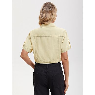 Women's Denim Jackets Cropped Short Sleeve Button Up Frayed Washed Jean ...