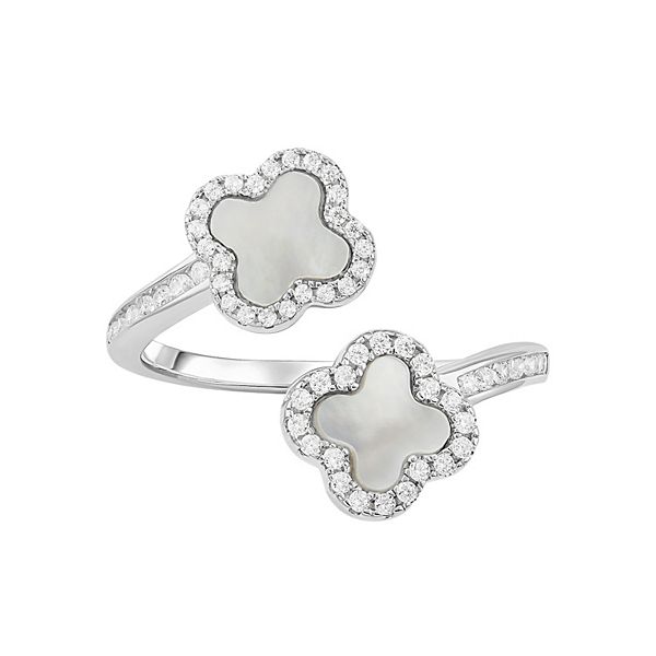 PRIMROSE Fine Silver Plated Cubic Zirconia & Mother-of-Pearl Double Clover Bypass Ring