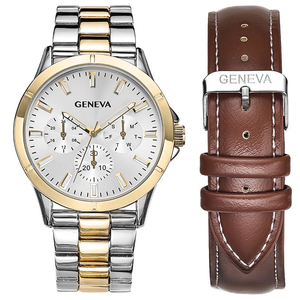 Men's Geneva 42 mm Two-Tone Bracelet Watch & Brown Leather Strap Set