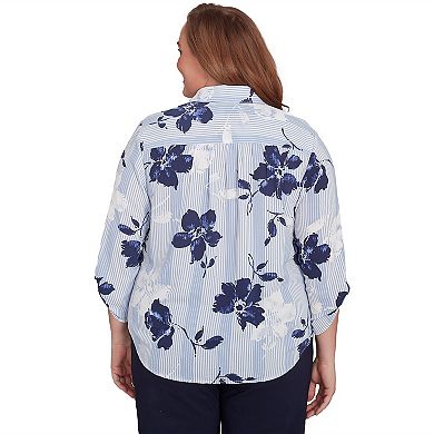 Plus Size Alfred Dunner Striped Flower Button Front Tie Sleeve Blouse