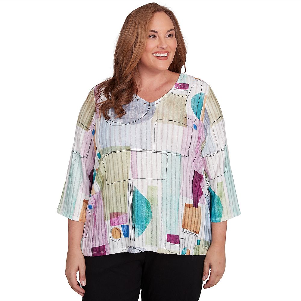 Plus Size Alfred Dunner Geometric V-Neck Three Quarter Sleeve Top