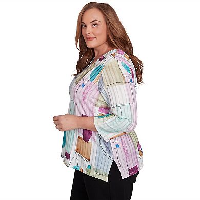 Plus Size Alfred Dunner Geometric V-Neck Three Quarter Sleeve Top
