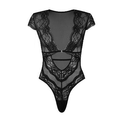 Cupshe Black Sheer Lace Cap Sleeve Bodysuit