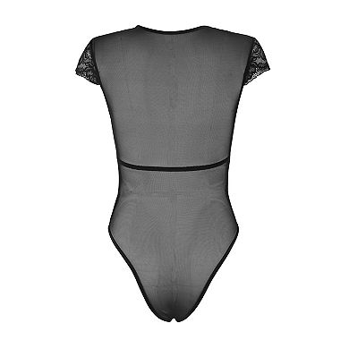 Cupshe Black Sheer Lace Cap Sleeve Bodysuit