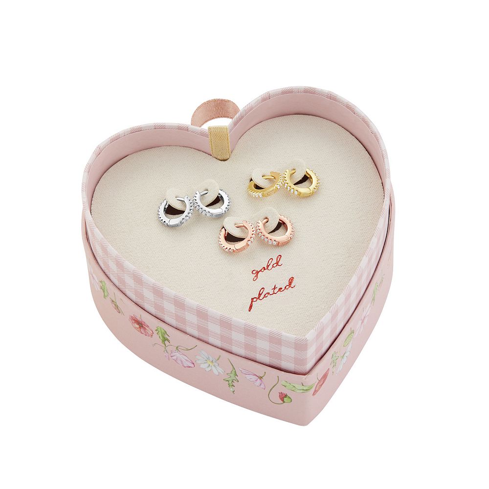 Brilliance Tri Tone 18k Gold Flash Plated Pave Cubic Zirconia Hoop Earring Trio Set