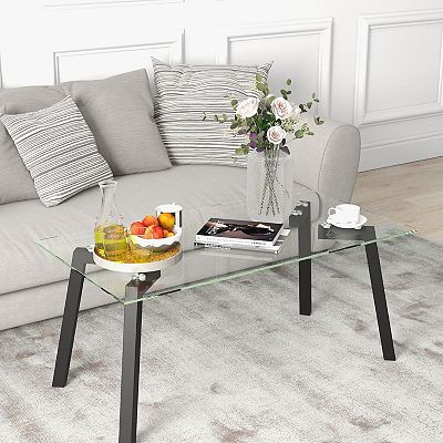 Modern Tempered Glass Coffee Table with Metal Frame for Living Room