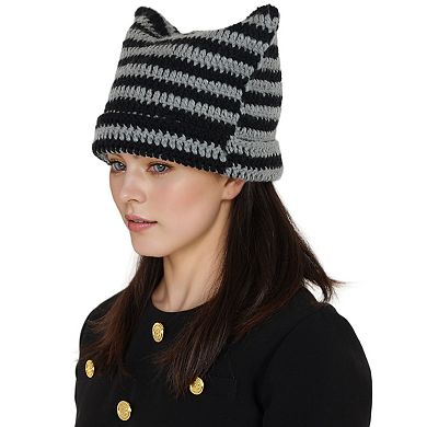 Vintage Crochet Hats Cute Cat Ear Striped Slouchy Beanies Cap for Women