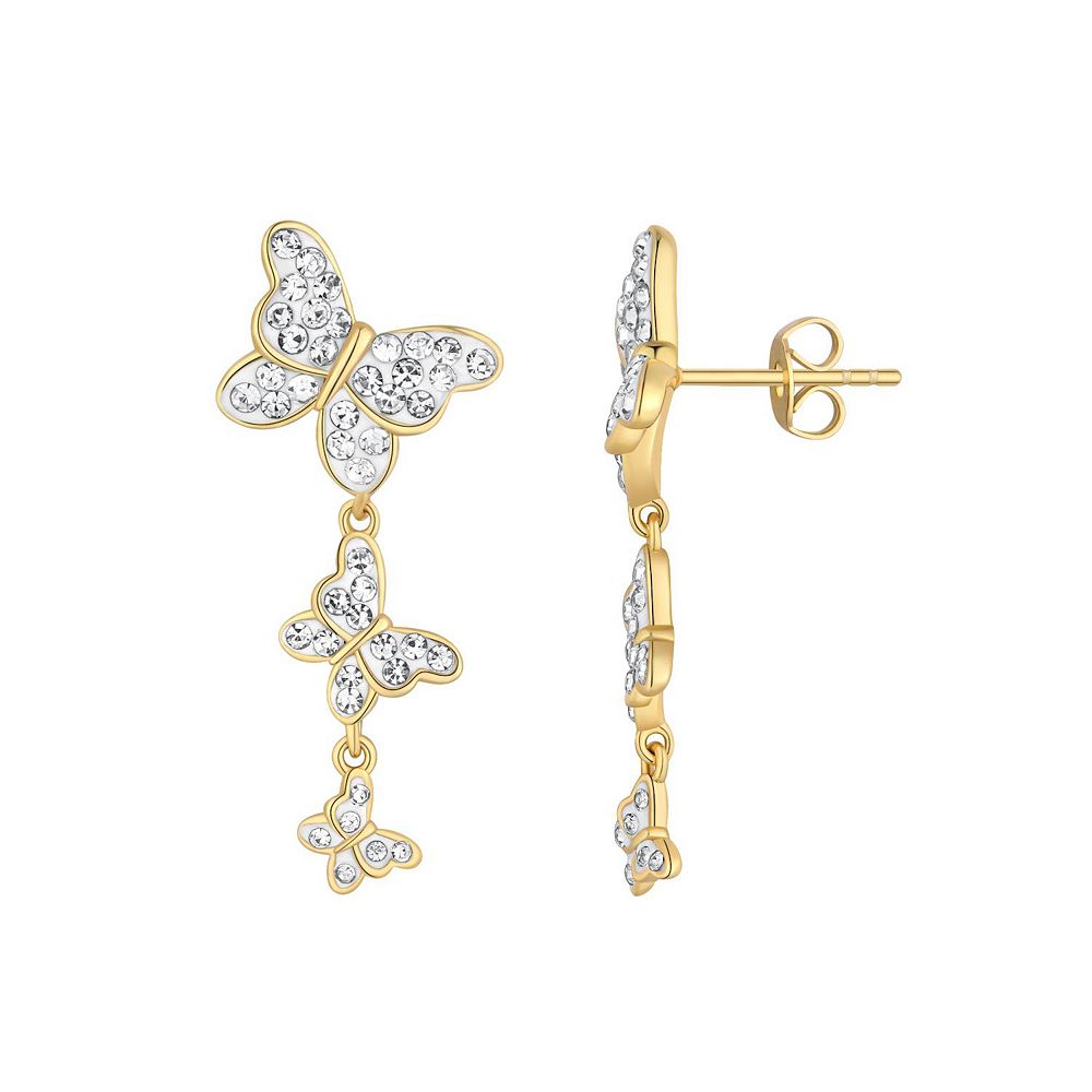 Chrystina 14k Gold Flash Plated Triple Crystal Butterfly Dangle Earrings