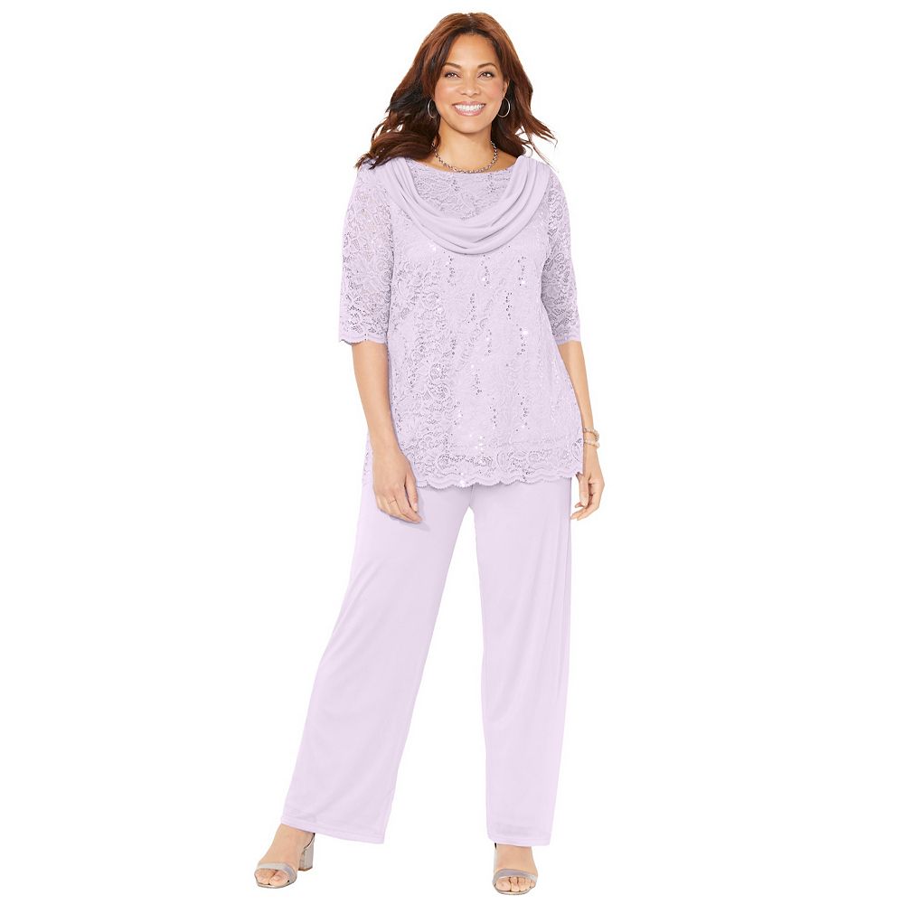 Catherines Women's Plus Size Petite Sparkle & Lace Pant Set