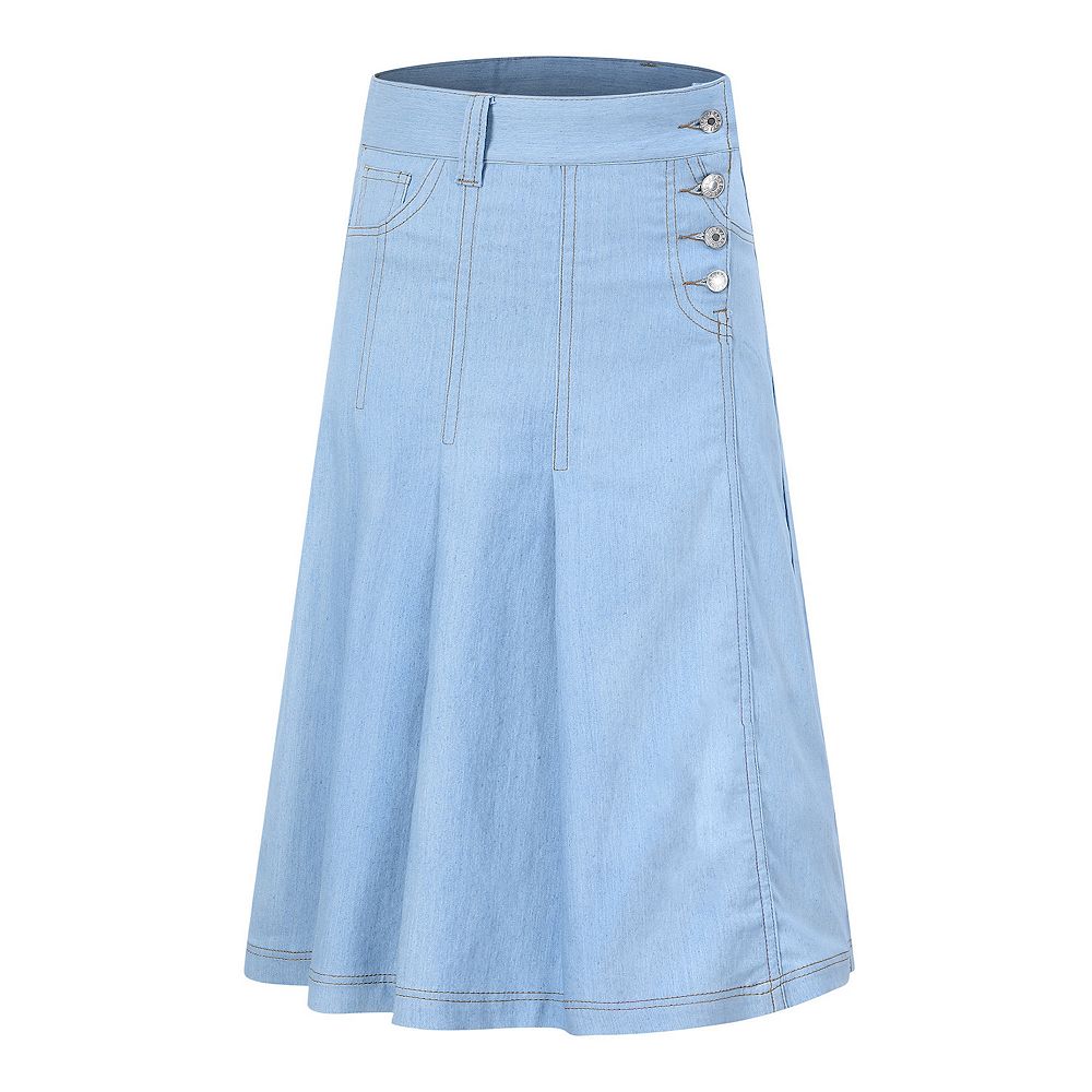 Girls Casual Denim Skirt Midi Pleated Buttons A-Line Over-Knee with ...