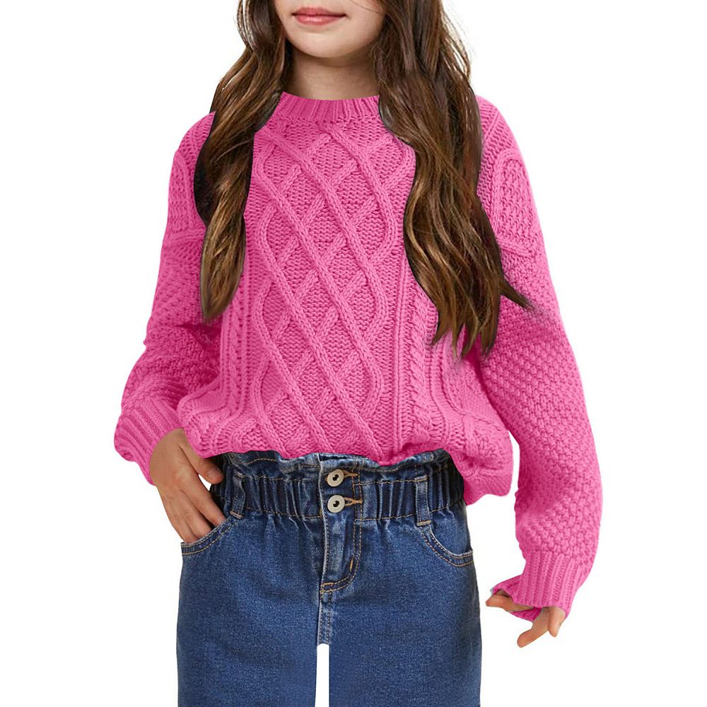 Girls Long Sleeve Cable Knit Sweater Crewneck Pullover Sweaters Kids ...