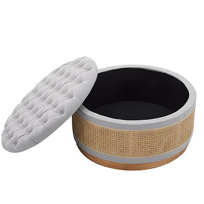 Linen Rattan Round Storage Ottoman Button tufted Upholstery