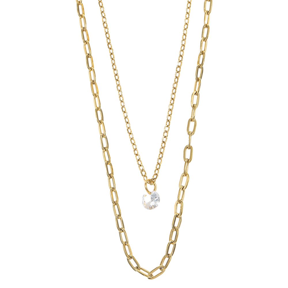 City Luxe Waterproof Gold Tone Duo Chain Cubic Zirconia Necklace