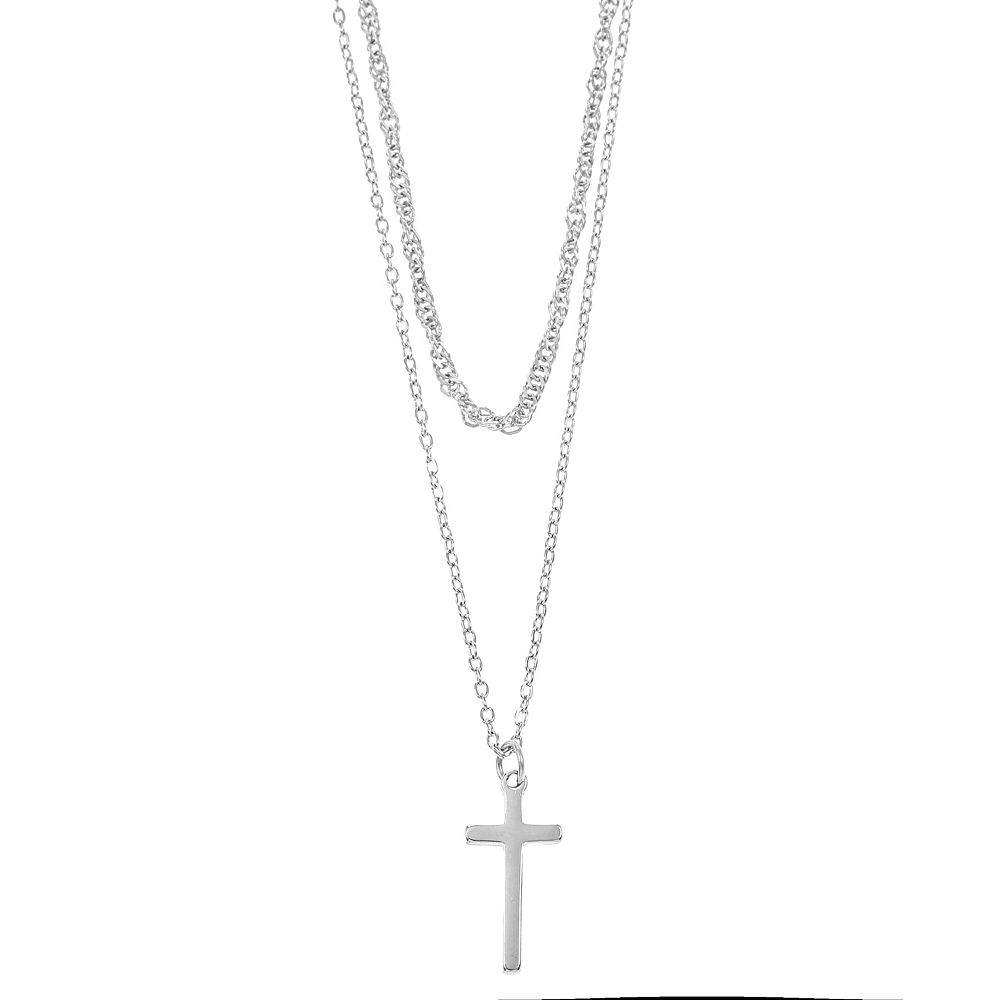 City Luxe Waterproof Silver Tone Cross Duo Chain Necklace