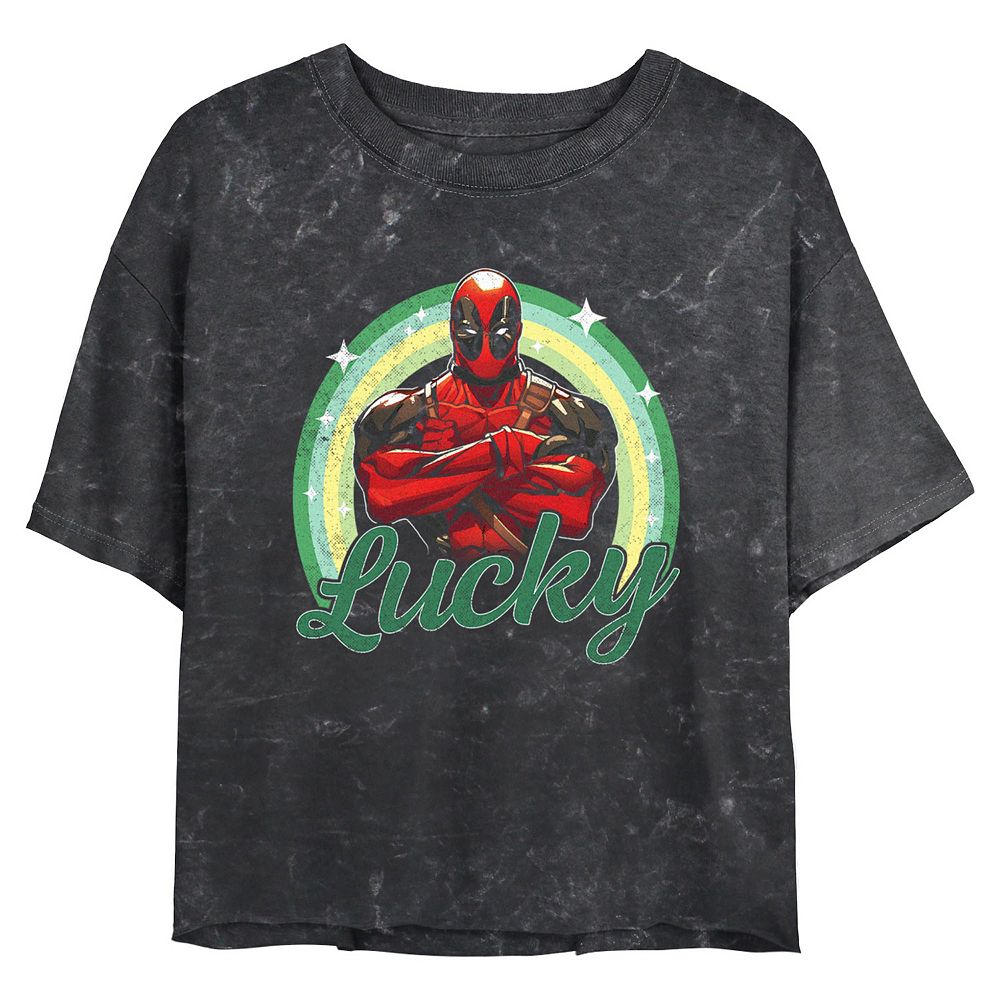 Juniors' Marvel Deadpool Lucky Cropped Graphic Tee