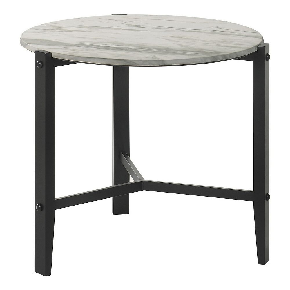 Zuko 24 Inch Round End Table, White Faux Marble Design, Black Legs