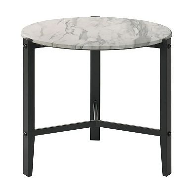 Zuko 24 Inch Round End Table, White Faux Marble Design, Black Legs