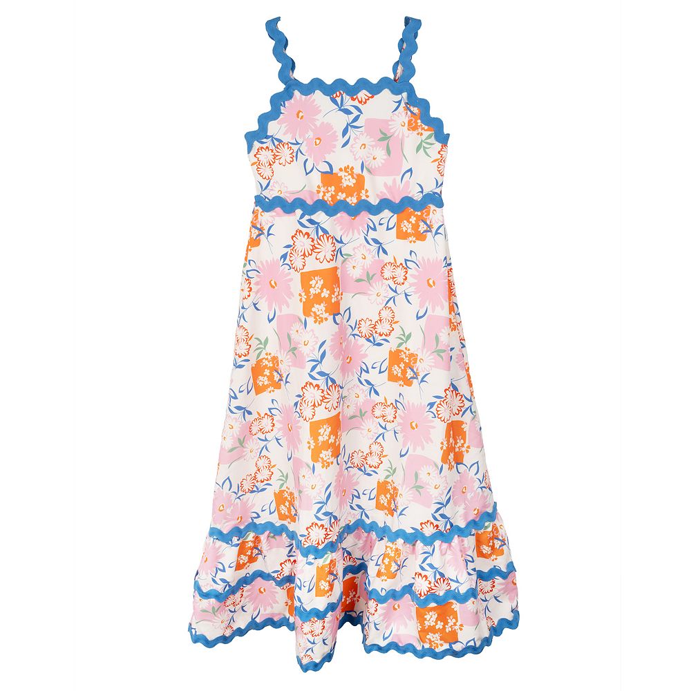 Girls 7-16 Rare Editions Tropical Print Ric Rac Trim Maxi Dress