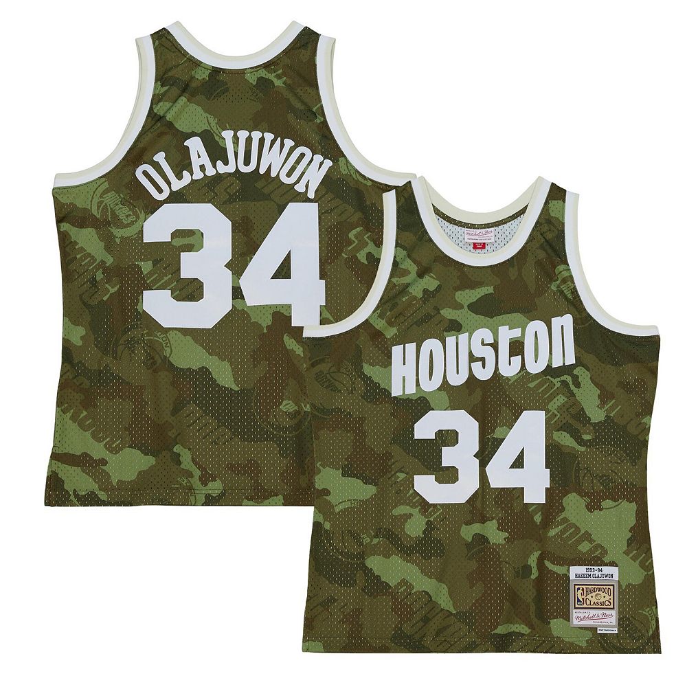 Men's Mitchell & Ness Hakeem Olajuwon Camo Houston Rockets Hardwood ...