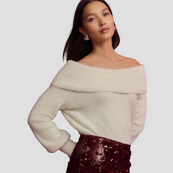Women's NEXT White Ecru Fluffy Off-Shoulder Bardot Sweater