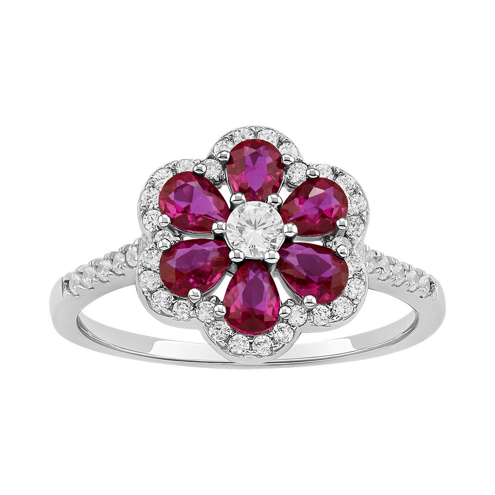 PRIMROSE Sterling Silver Cubic Zirconia & Simulated Corundum Stone Flower Band Ring