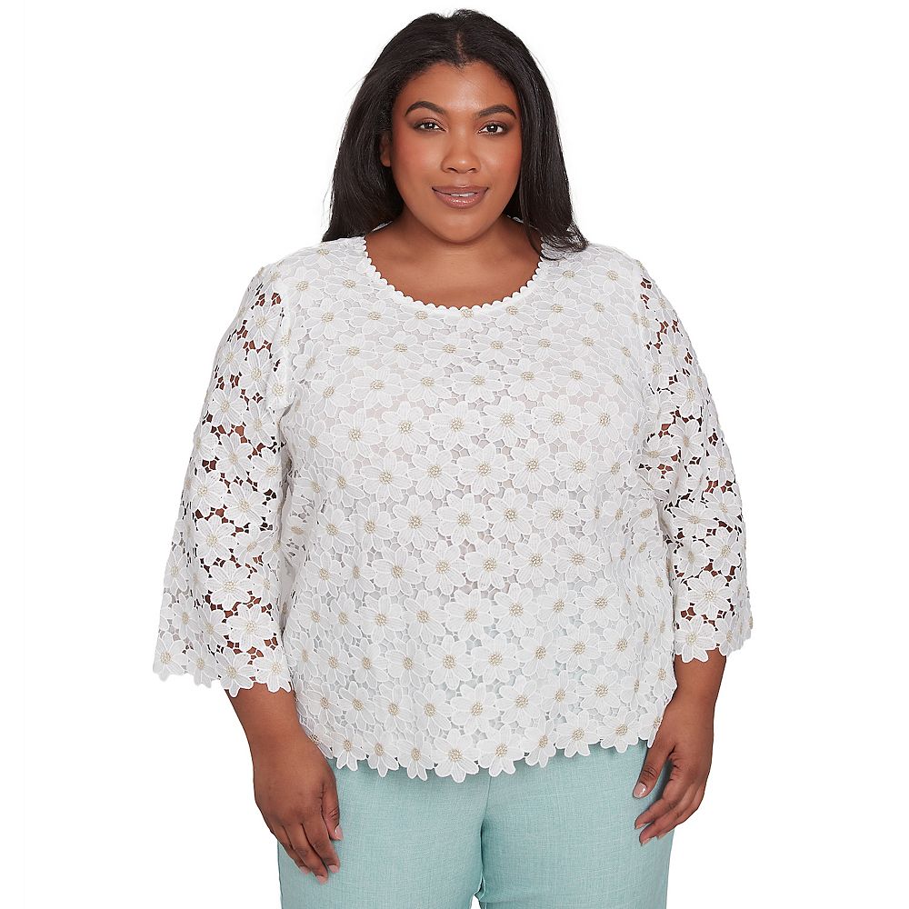 Plus Size Alfred Dunner Daisy Woven Lace Crewneck Top