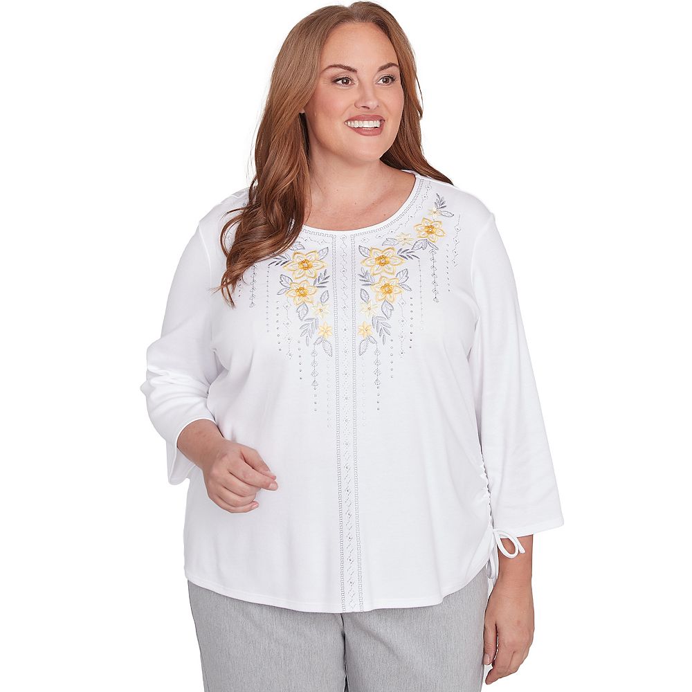 Plus Size Alfred Dunner Linear Knit Floral Embroidered Crewneck Top