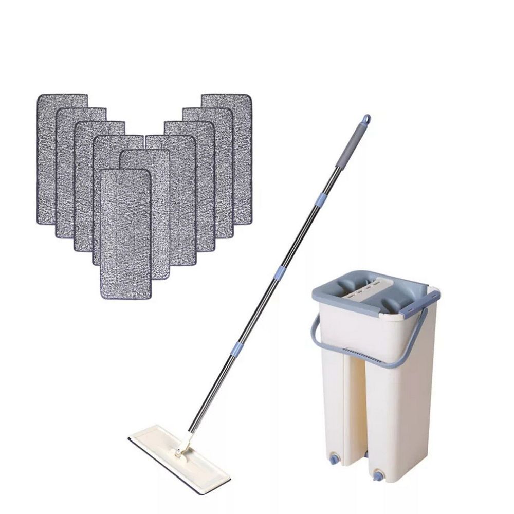 Flat Mop Bucket System Set With Reusable Microfiber Pads