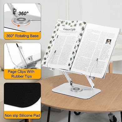 Acrylic Book Stand for Reading, Adjustable Book Holder with 360°Swivel Base, Desktop Cookbooks Stand