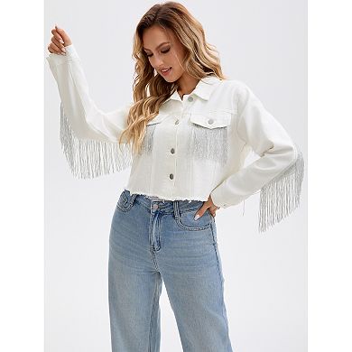 Women's Cropped Jean Jackets Fringe Long Sleeve Frayed Hem Tassel Trim Denim Jacket