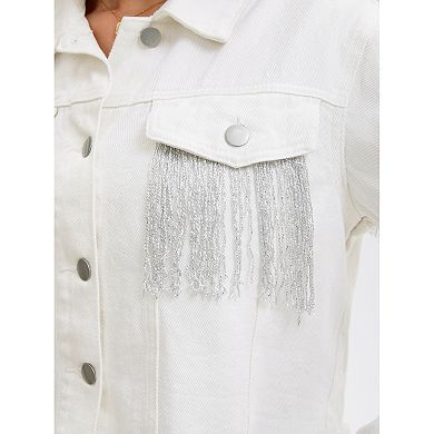 Women's Cropped Jean Jackets Fringe Long Sleeve Frayed Hem Tassel Trim Denim Jacket