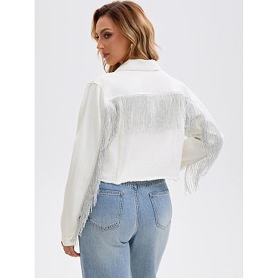 Women's Cropped Jean Jackets Fringe Long Sleeve Frayed Hem Tassel Trim Denim Jacket